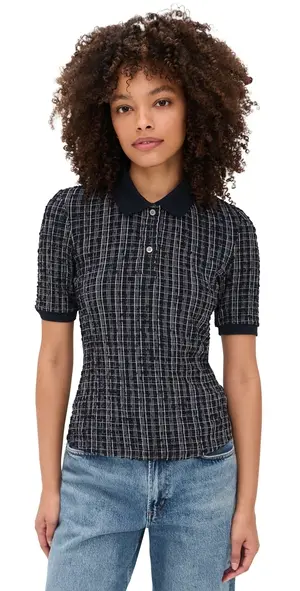 Veronica Beard Benedetta Crinkled Polo Shirt