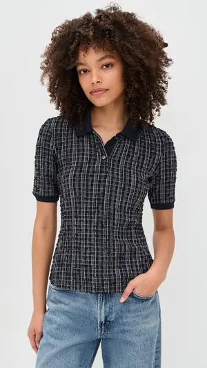 Veronica Beard Benedetta Crinkled Polo Shirt