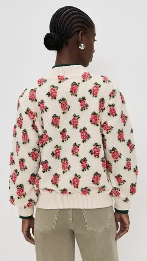 The Great. Zip Front Floral Plush Bomber Jacket