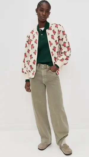 The Great. Zip Front Floral Plush Bomber Jacket