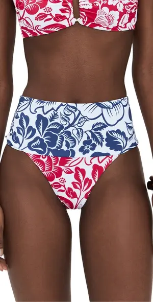 Farm Rio High Waist Bikini Bottom - Cashew And Birds Red And Blue