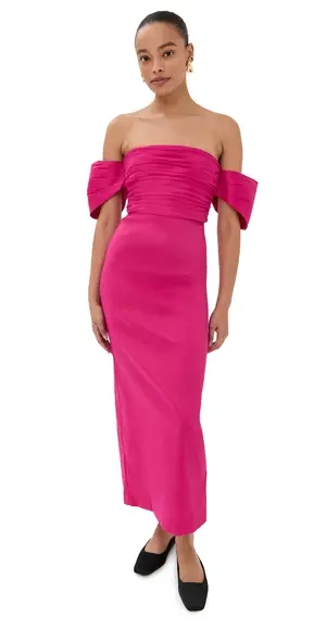 KIKA VARGAS Off Shoulder Pleated Maxi Dress - Fuchsia