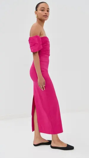 KIKA VARGAS Off Shoulder Pleated Maxi Dress - Fuchsia