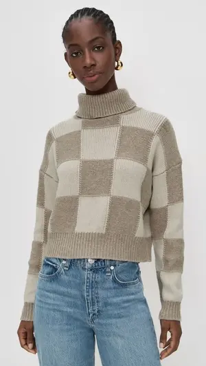 Splendid Checkerboard Turtleneck Sweater - P Oak H/cap Htr