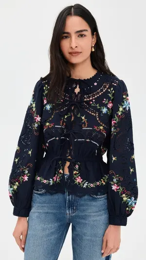 Sea Edwina Embroidered Tie-front Top