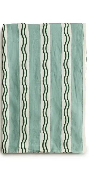 MISETTE Stripe Embroidered Linen Tablecloth - Green