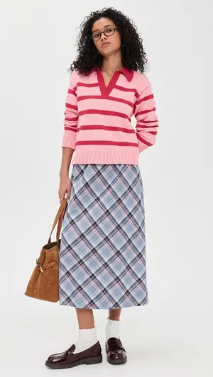 English Factory Striped Collared Knit Sweater - Pink/red