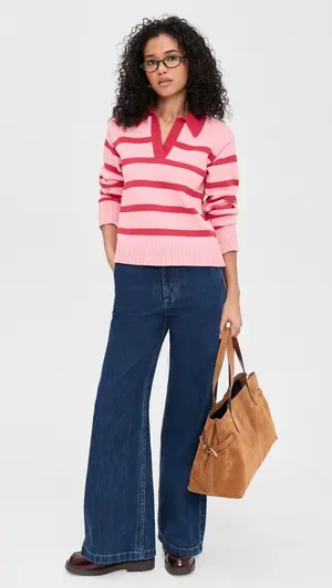 English Factory Striped Collared Knit Sweater - Pink/red