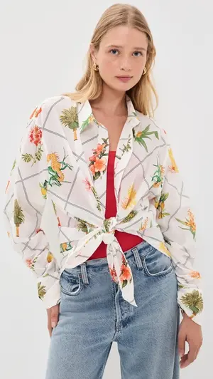 CONIGLIO PALM BEACH Classic Button Down Shirt With Palm Tree Print - Florida Frame Cracked Coconut