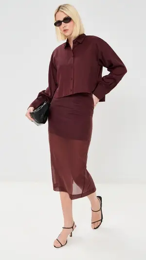 LE BOP Felicity Satin Button-down Top - Mahogany