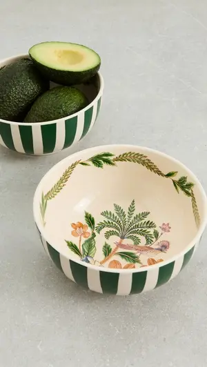Farm Rio Set Of 2 Ceramic Bowls With Tropical And Stripe Prints