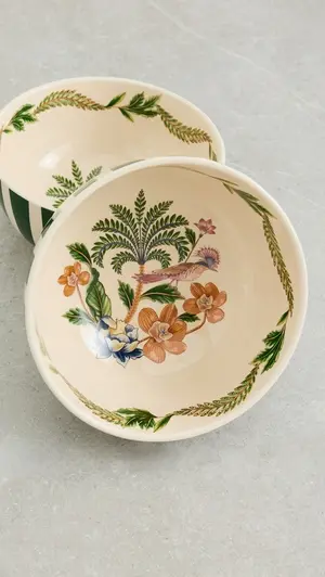 Farm Rio Set Of 2 Ceramic Bowls With Tropical And Stripe Prints