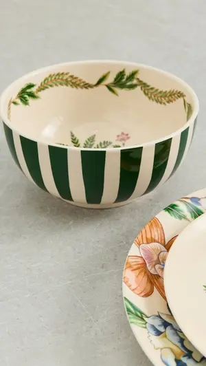 Farm Rio Set Of 2 Ceramic Bowls With Tropical And Stripe Prints