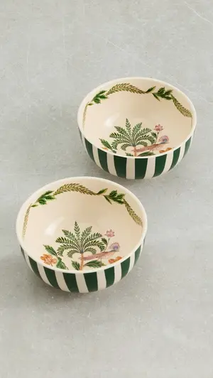 Farm Rio Set Of 2 Ceramic Bowls With Tropical And Stripe Prints