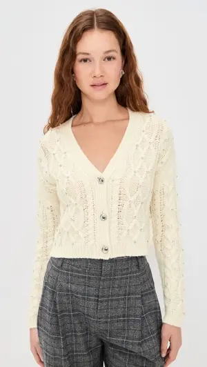 LE BOP Cable Knit Rhinestone Button Cardigan - Ivory