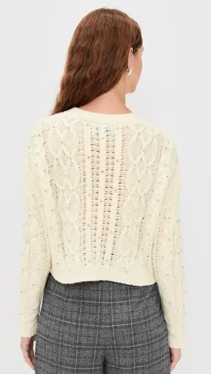 LE BOP Cable Knit Rhinestone Button Cardigan - Ivory