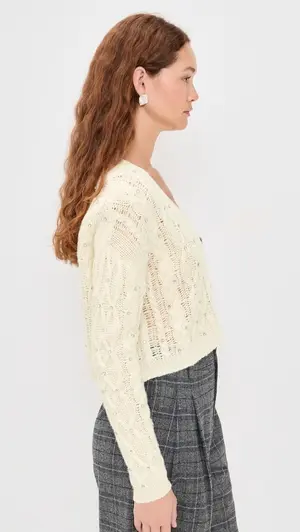 LE BOP Cable Knit Rhinestone Button Cardigan - Ivory