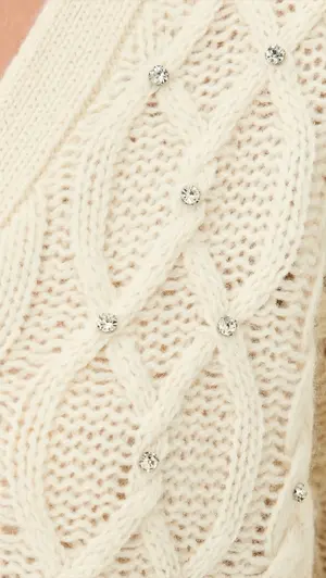 LE BOP Cable Knit Rhinestone Button Cardigan - Ivory