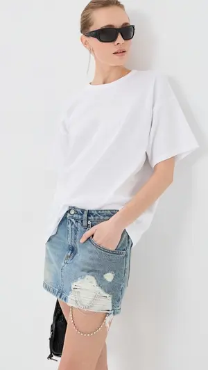 AREA Crystal Fray Denim Miniskirt