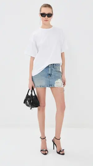 AREA Crystal Fray Denim Miniskirt