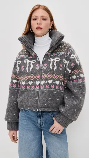 Blanknyc Bow Fair Isle Zip-up Sweater