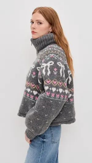 Blanknyc Bow Fair Isle Zip-up Sweater