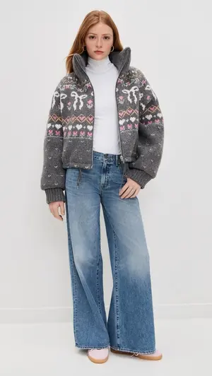 Blanknyc Bow Fair Isle Zip-up Sweater