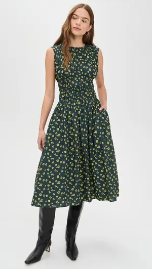 Merlette Villard Floral Print Midi Dress - Lemon Navy Floral Print
