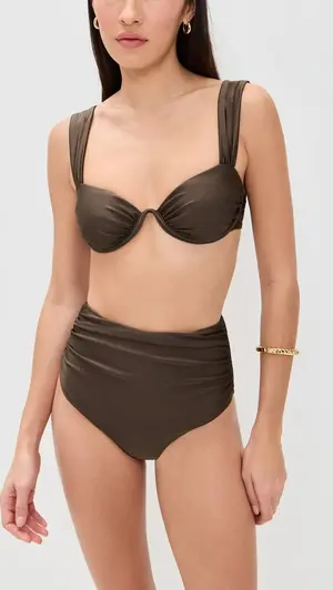 Simkhai High-waisted Ruched Bikini Bottom - Chocolate