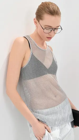 Tibi Viscose Metallic Ribbed Tank