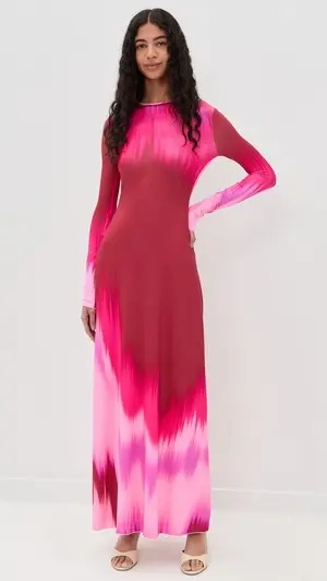 Eywasouls Malibu Ombré Print Long Sleeve Maxi Dress - Pink Colorflow