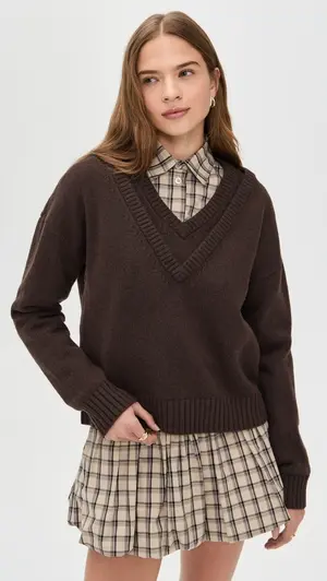 LE BOP Double V-neck Pullover Sweater - Chocolate