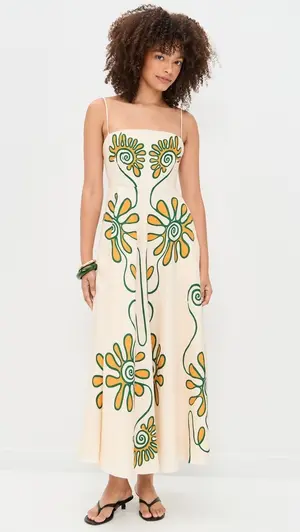 CALA DE LA CRUZ Delta Floral Linen Midi Dress