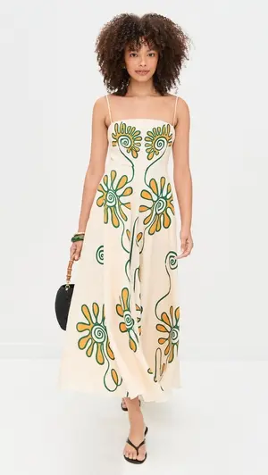 CALA DE LA CRUZ Delta Floral Linen Midi Dress