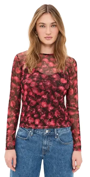 NEVER FULLY DRESSED Cherry Print Mesh Top
