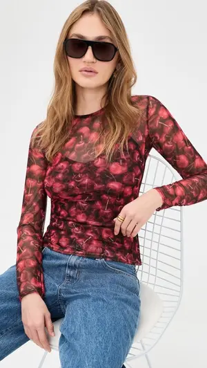NEVER FULLY DRESSED Cherry Print Mesh Top