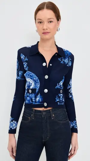 L'Agence Osiris Jacquard Collared Cardigan - Black/blue Porcelain