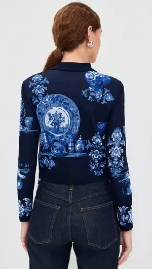 L'Agence Osiris Jacquard Collared Cardigan - Black/blue Porcelain