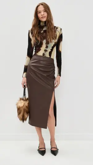 LE BOP Louisa Faux Leather Skirt - Coffee