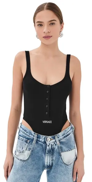 Versace Bio Cotton Rib Thong Bodysuit - Black