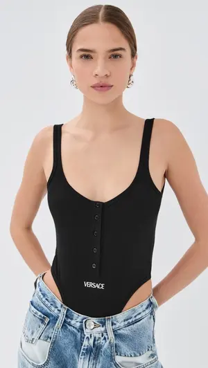 Versace Bio Cotton Rib Thong Bodysuit - Black