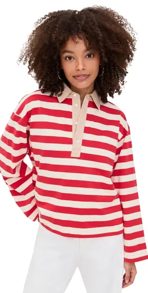 STATE & LAKE Striped Jersey Polo - Red/ivory