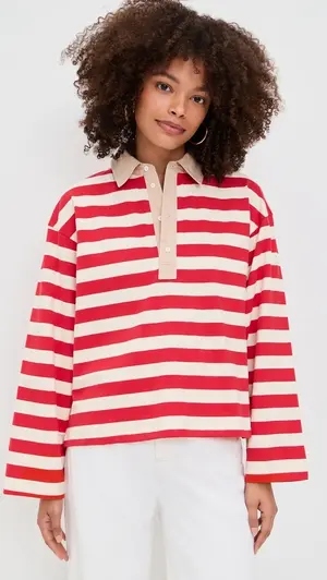 STATE & LAKE Striped Jersey Polo - Red/ivory
