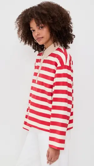 STATE & LAKE Striped Jersey Polo - Red/ivory