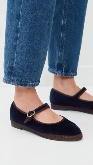 FLABELUS Velvet Mary Jane Flats - Navy