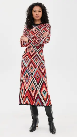 Farm Rio Geometric Pattern Knit Midi Dress