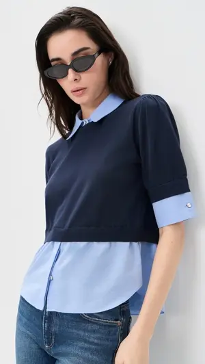 Cinq À Sept Capucine Collared Top - Navy/rain Cloud