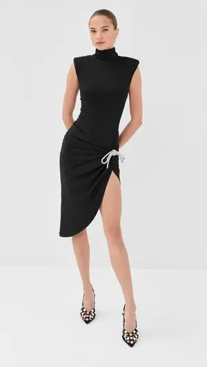 AREA Crystal Knot Draped Midi Dress