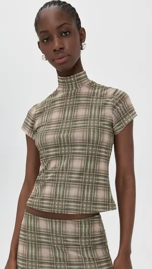 ANOTHER GIRL Plaid Mesh High Neck Top