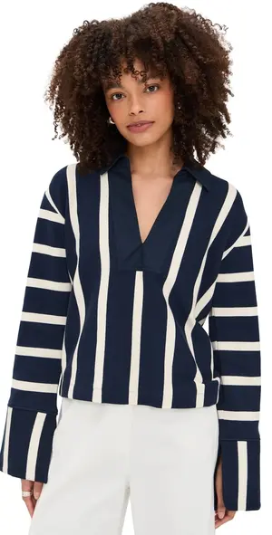 Tanya Taylor Whitney Striped Knit Top - Maritime Blue/cream Wide Strip